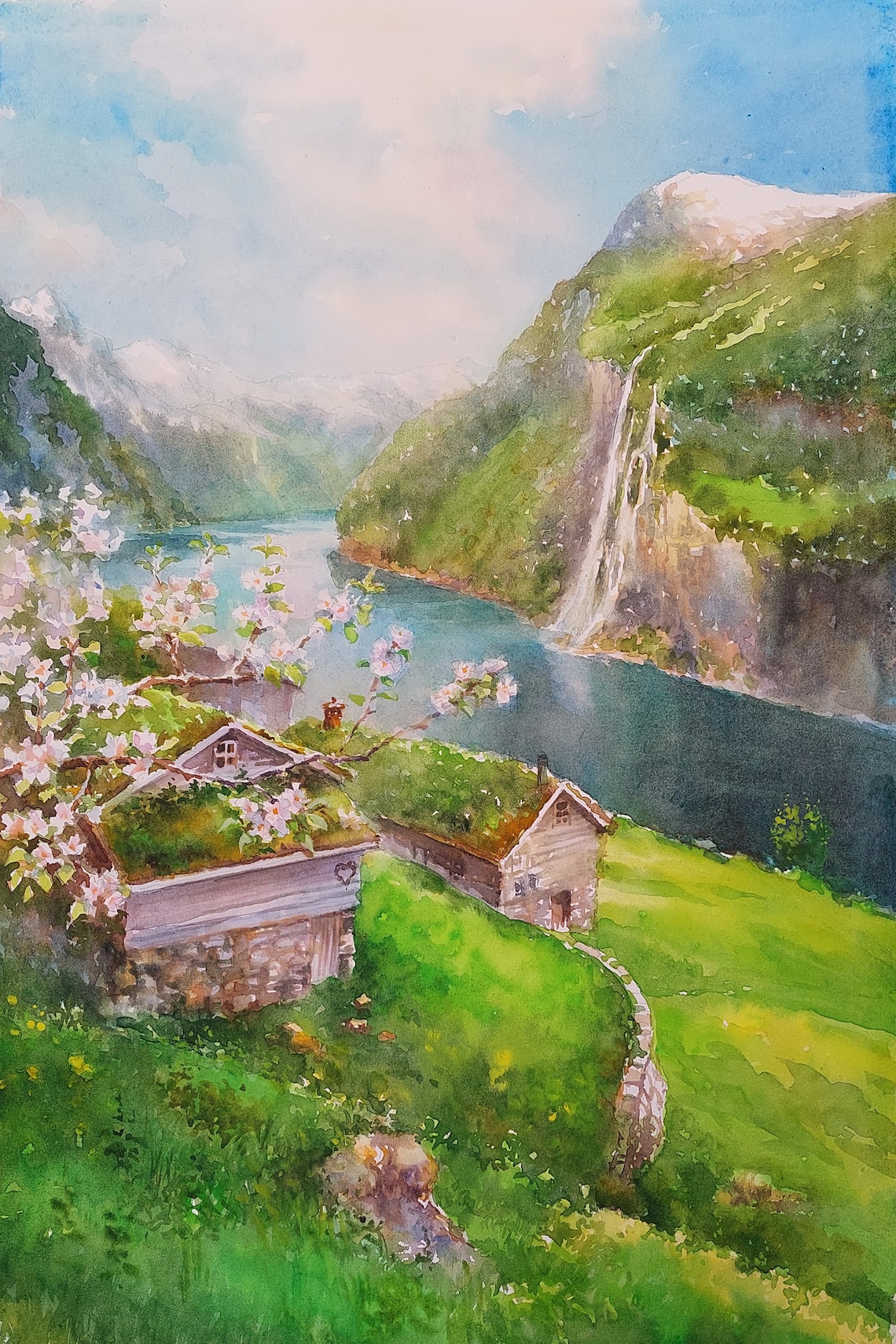Spring Norway Landscape Art Print from Watercolor painting. | Etsy