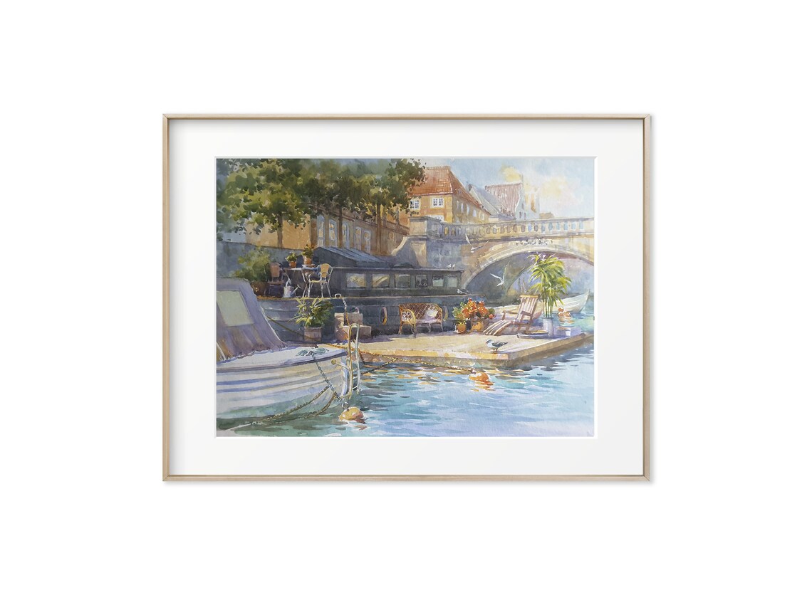 Copenhagen Houseboat Watercolor Painting: Denmark Art Print - Etsy