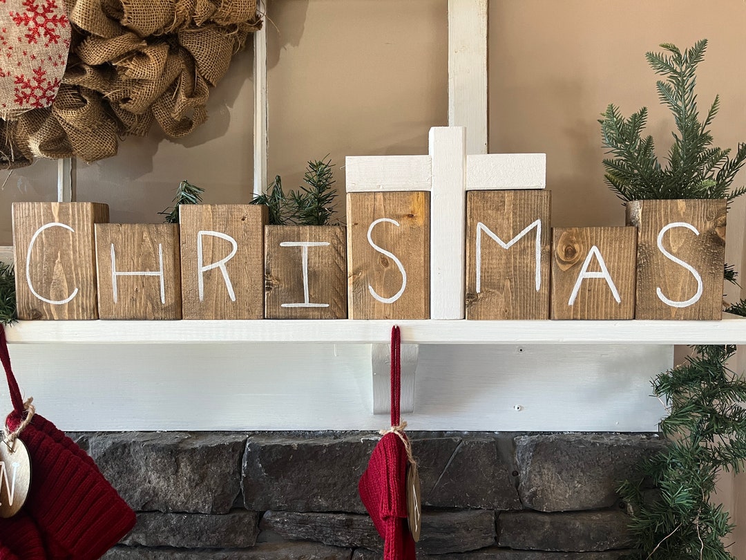 Farmhouse Christmas Rustic Block Set With Cross | Primitive Christmas ...