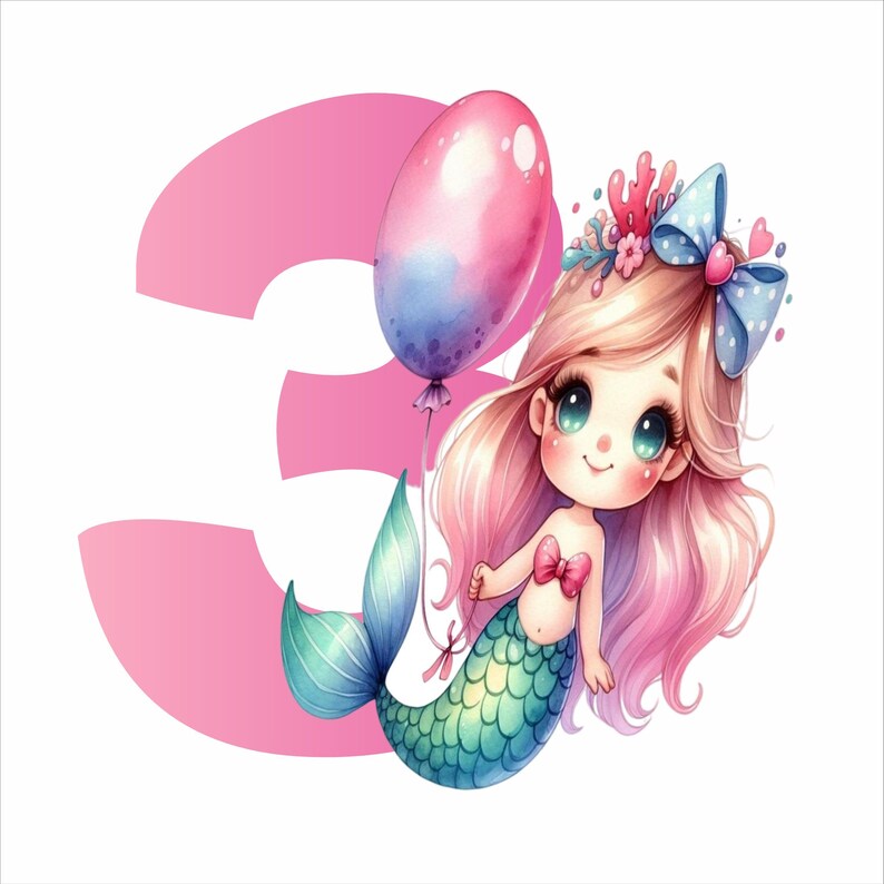 Mermaid Third Birthday Png Cute Mermaid Wall Art Printable Mermaid 3rd ...
