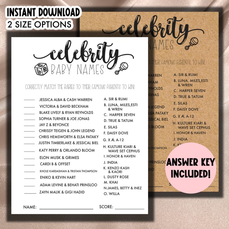 Celebrity Baby Names Game Baby Shower Celebirty Baby Names - Etsy