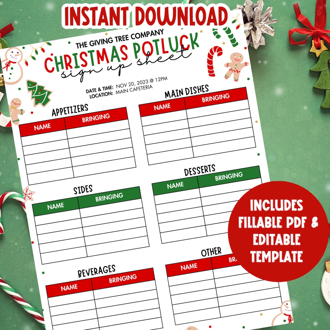 Christmas Potluck Sign up Sheet EDITABLE | Holiday Potluck Sign up PDF ...