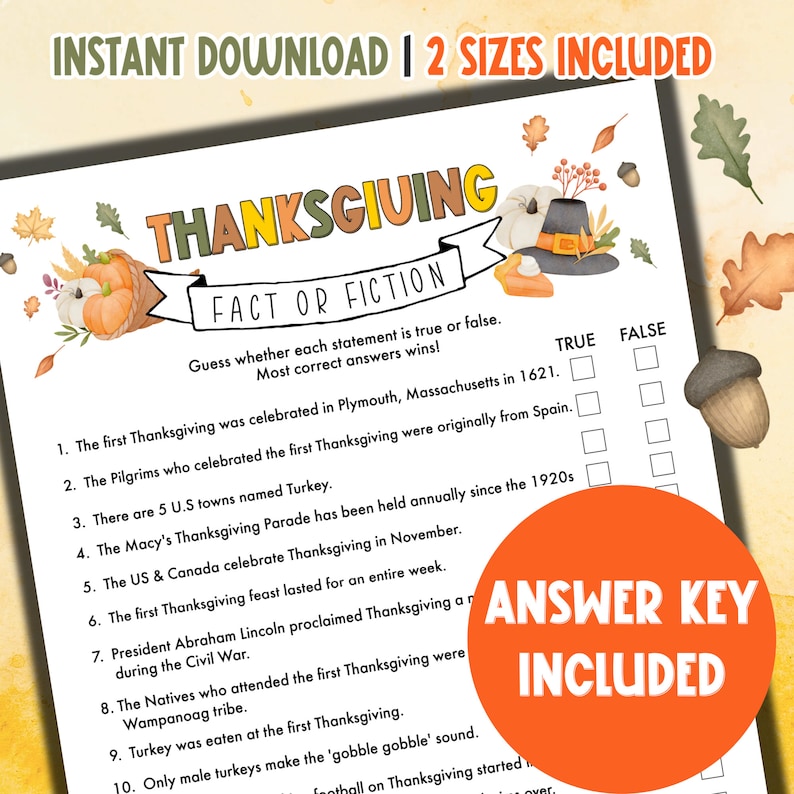 Thanksgiving Fact or Fiction | Thanksgiving Trivia Game | - Etsy