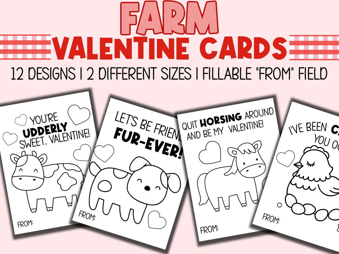 Kids Farm Valentine Cards Printable | Valentine Coloring Cards| Farm ...