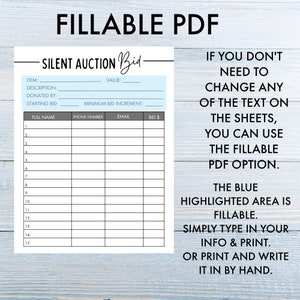 Silent Auction Bid Sheet Editable | Silent Auction Sign up Sheet ...