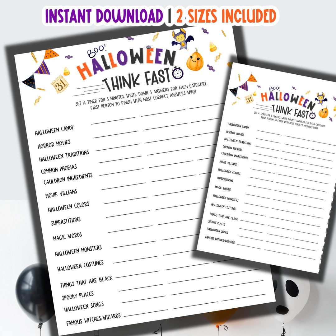 Halloween Think Fast Game Printble | Halloween Think Quick | Halloween ...