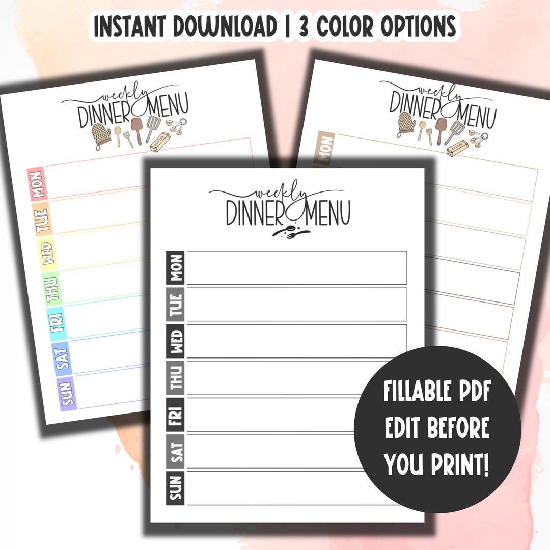 Weekly Dinner Menu Template Editable | Minimalist Dinner Menu Planner ...