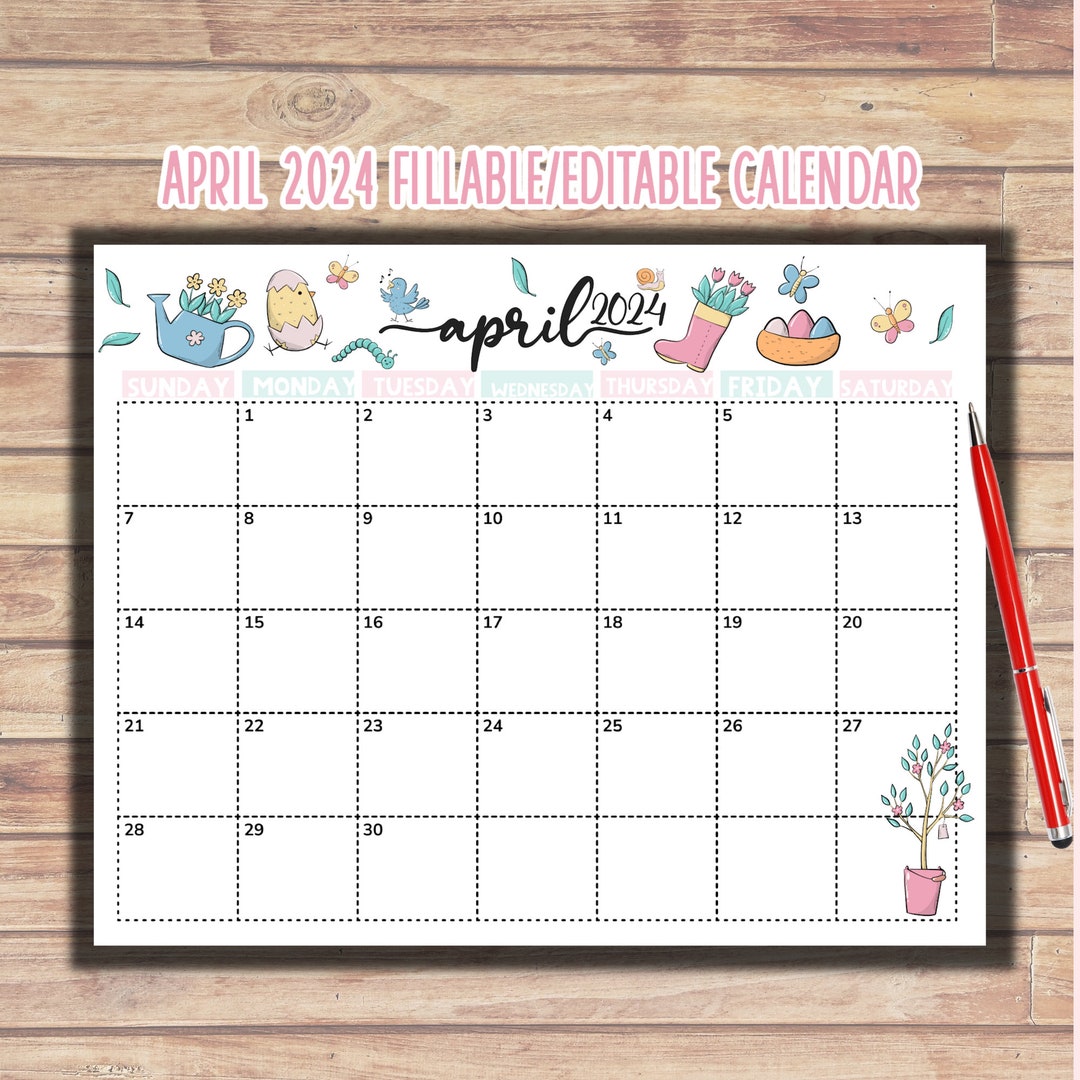 Editable April 2024 Calendar Printable, Fillable April Wall Calendar ...