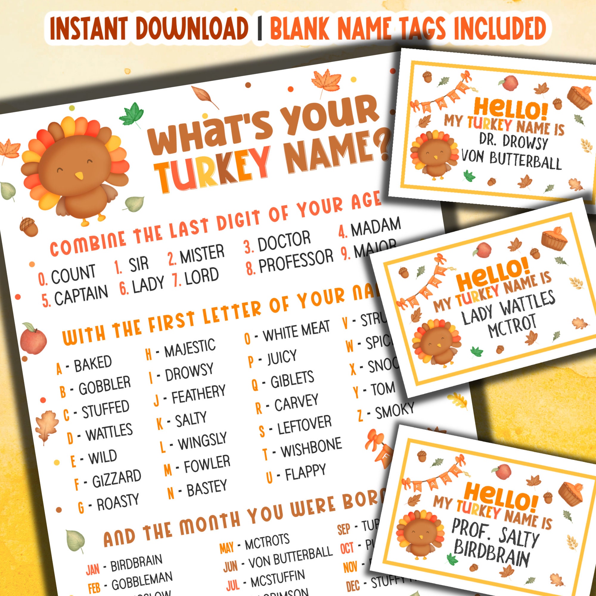 What's Your Turkey Name Game With Nametags | Friendsgiving Game ...