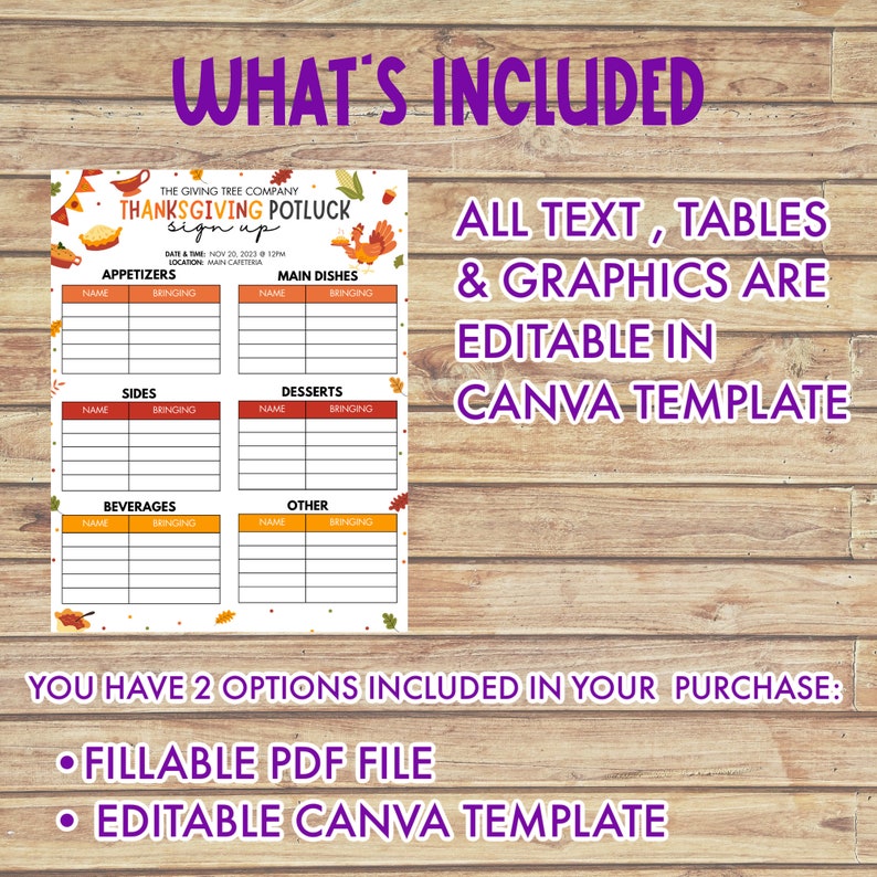 Thanksgiving Potluck Sign up Sheet EDITABLE | Friendsgiving Potluck ...