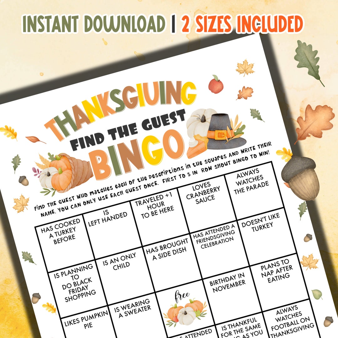 Thanksgiving Find the Guest Bingo | Friendsgiving Games | Find Someone ...
