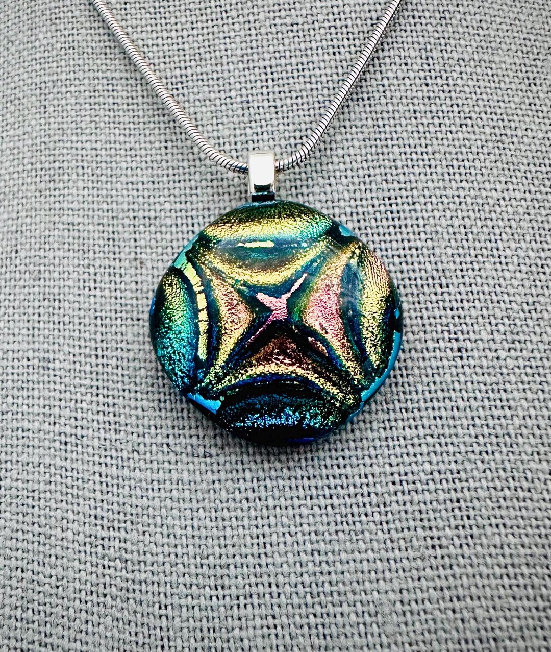 Dichroic Glass Starburst Pendant: Fused Mosaic Art, Silver Heart Bail ...