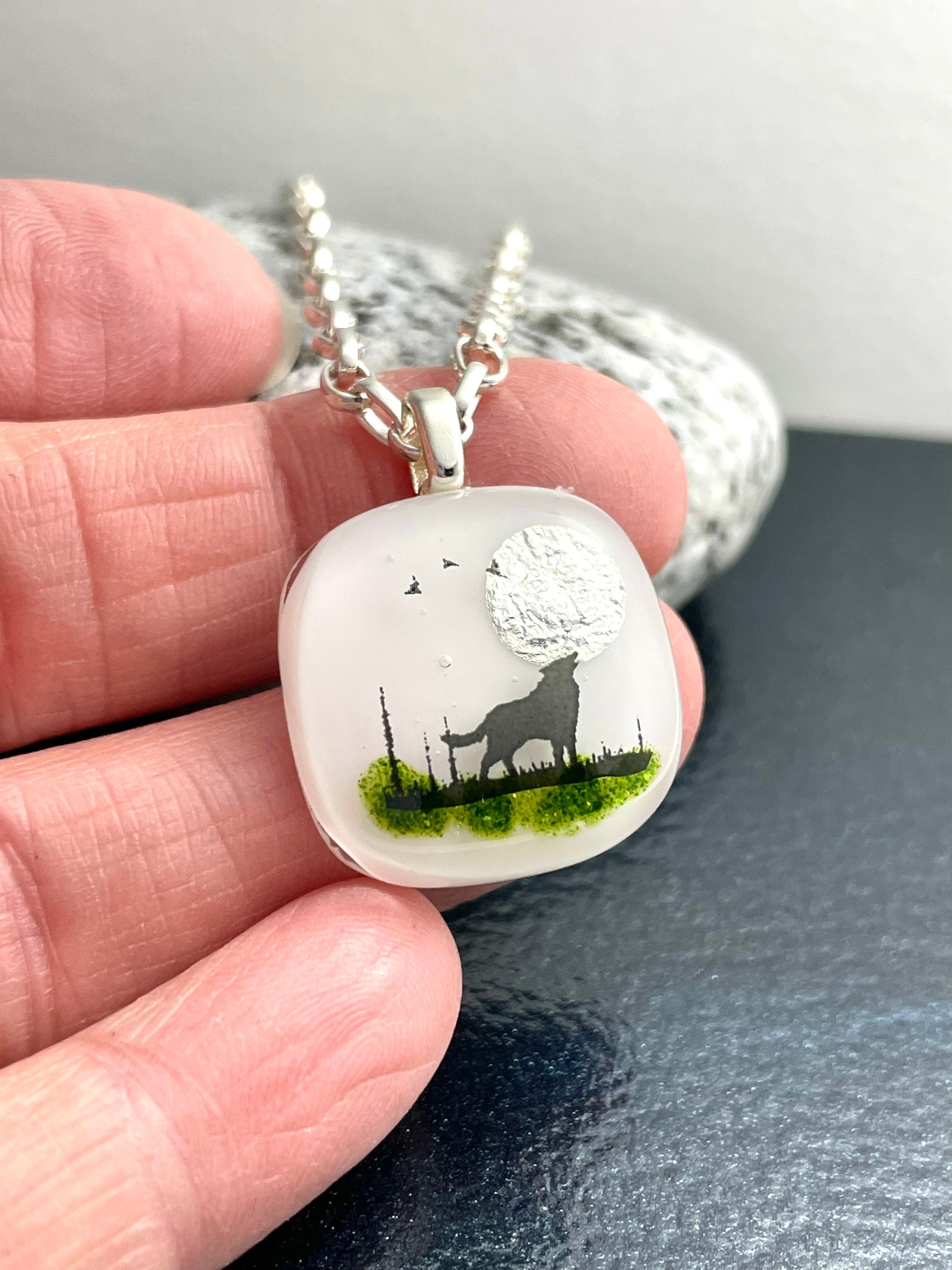 Fused Glass Wolf Pendant: Silver Moon, Howling Wolf Design - Etsy