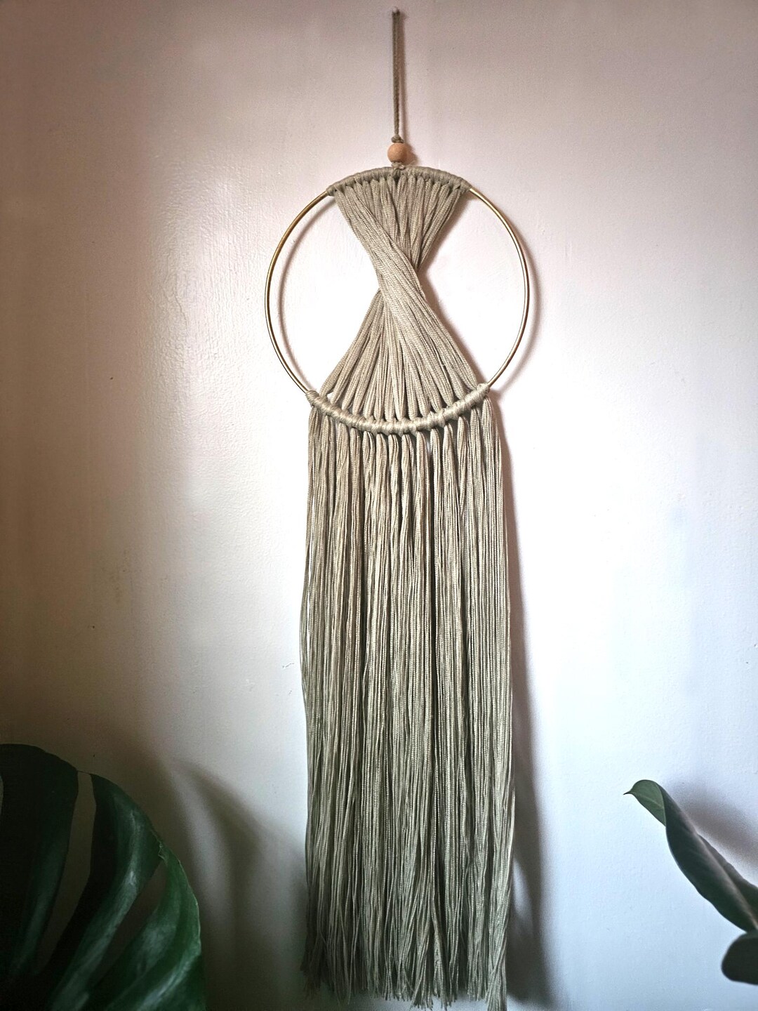 Geometric Macrame Wall Hanging With Gold Hoop and Olive Yarn Earthy ...