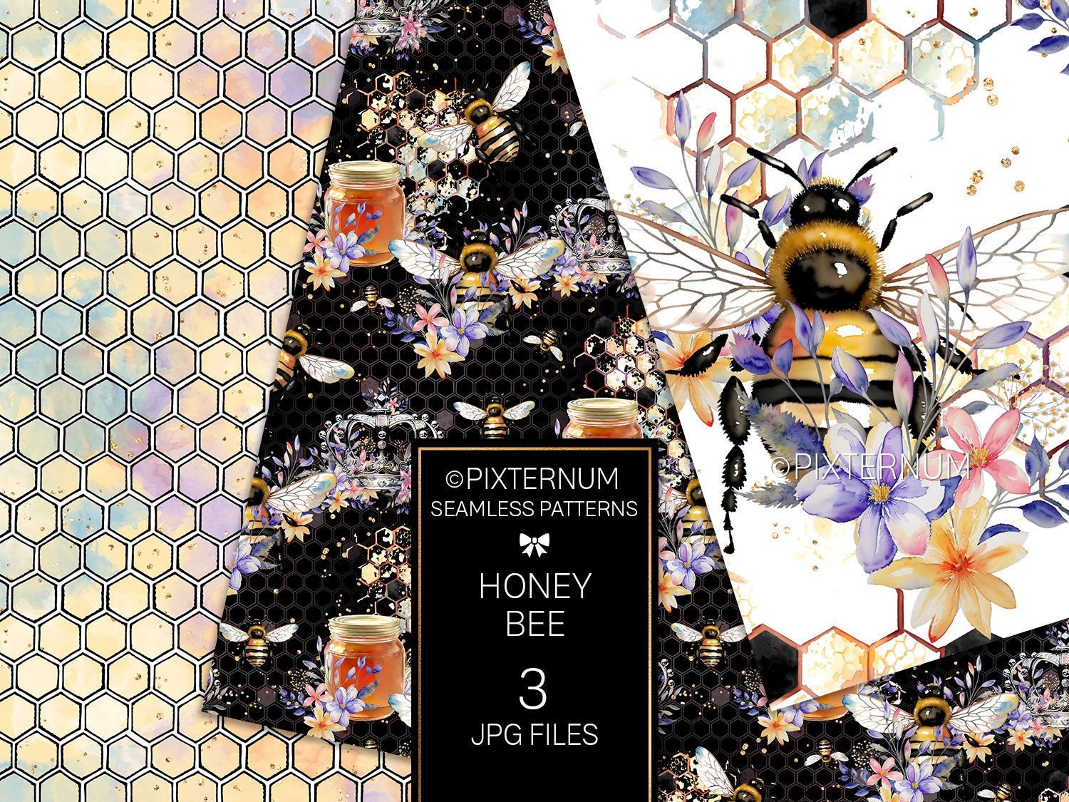 Honey Bee Seamless Patterns, Watercolor Bee Digital Papers Pack by ...