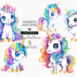 Unicorns Clip Art Pack, Cute Watercolor Unicorn Rainbow Clipart by ...