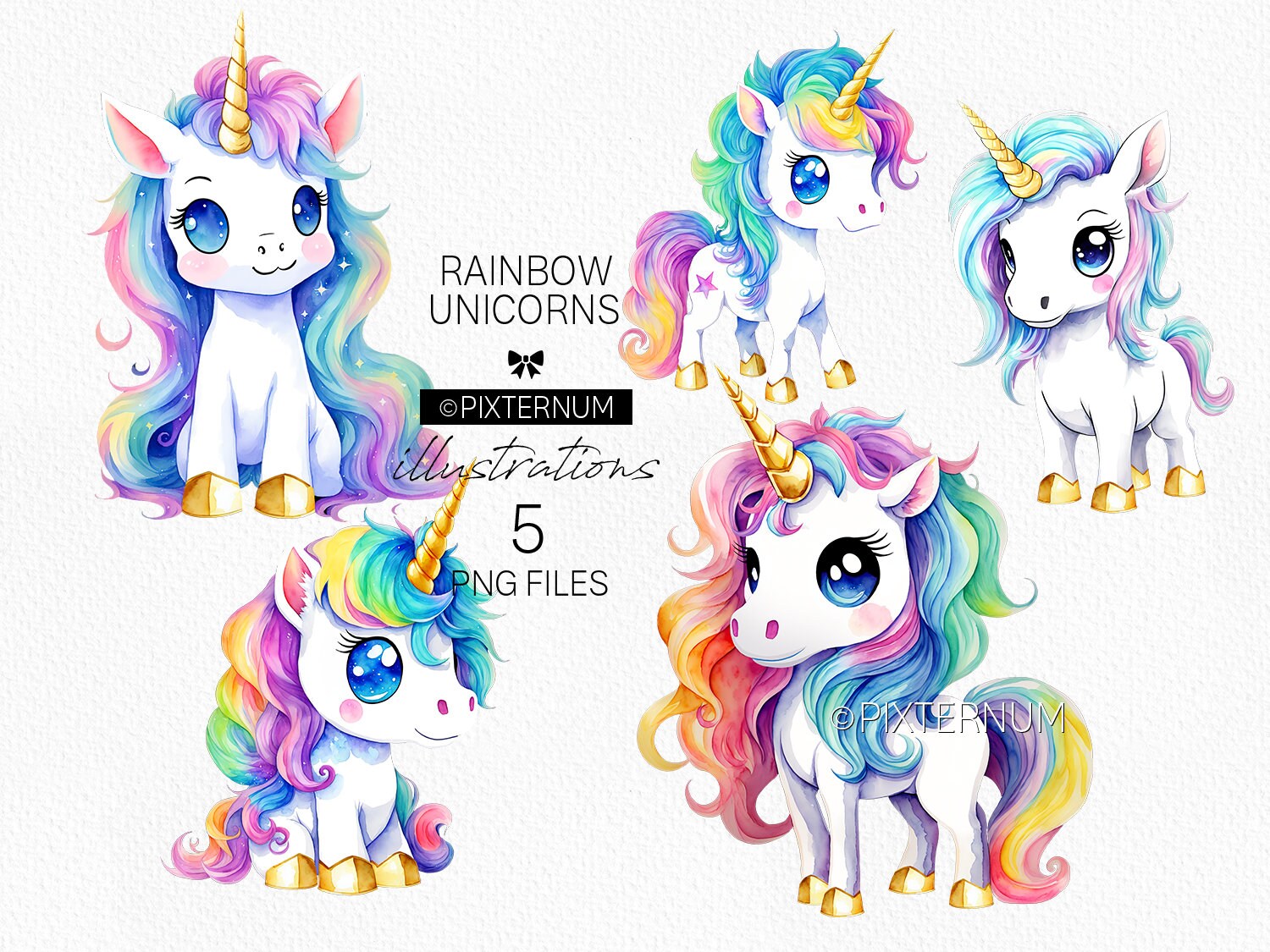 Unicorns Clip Art Pack, Cute Watercolor Unicorn Rainbow Clipart by ...