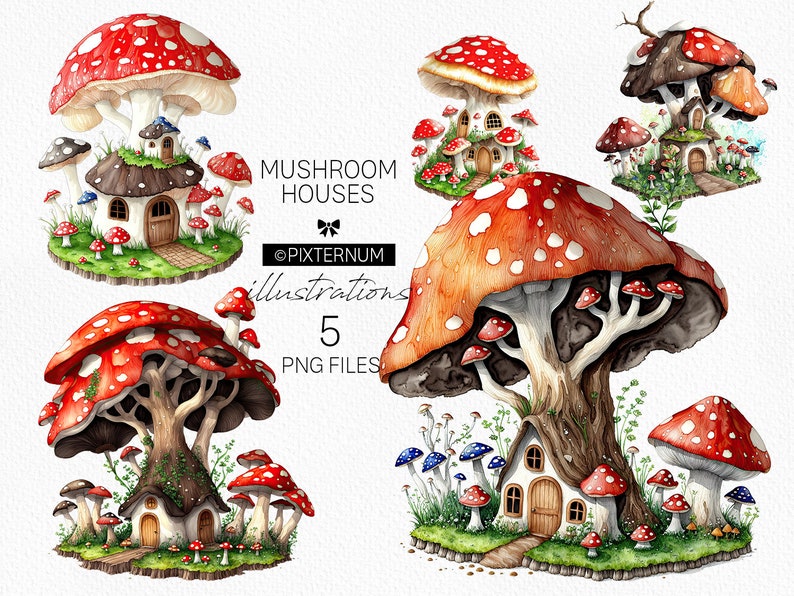 Mushroom Houses Clip Art Pack Watercolor Fantasy Fairy House - Etsy