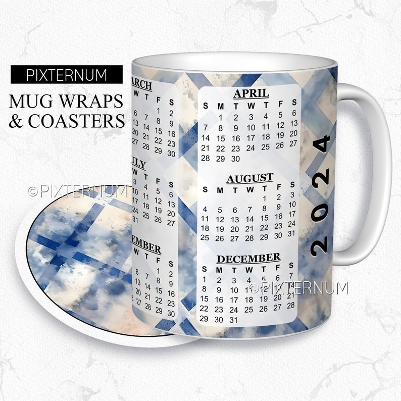 2024 Calendar New Year Wrap PNG, Mug Sublimation Watercolor Plaid ...
