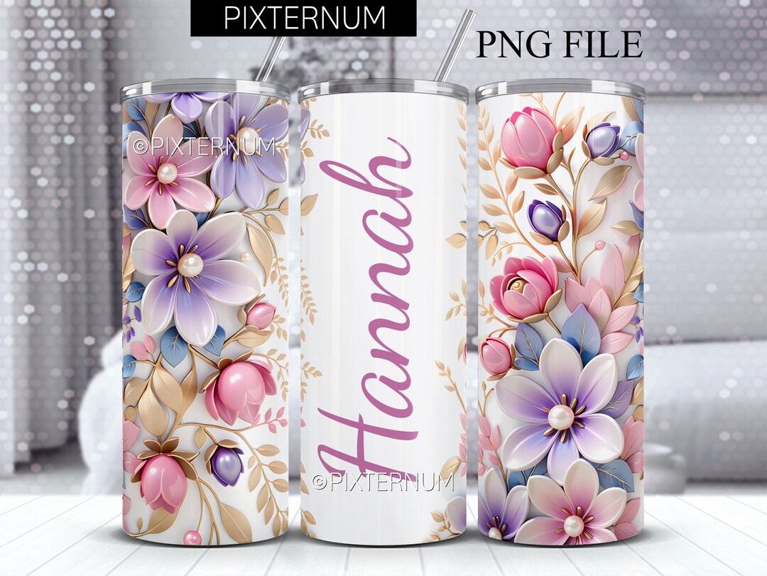 Seamless 3D Flowers Tumbler Wrap, Add Your Name, Pink White Floral PNG ...