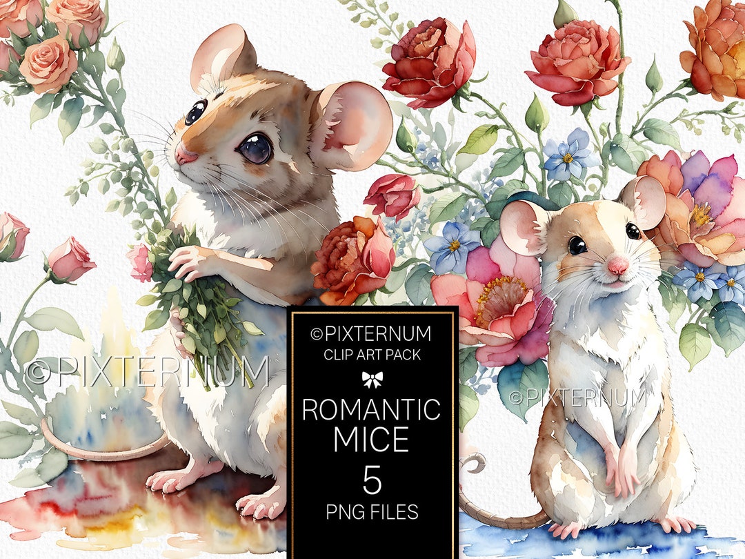 Romantic Mice Clip Art Pack, Cute Watercolor Mouse Clipart by Pixternum ...