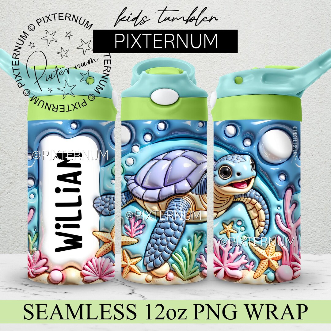 3D Inflated Puffy Cute Sea Turtle Kids Tumbler Wrap PNG, 12oz Sippy Cup ...