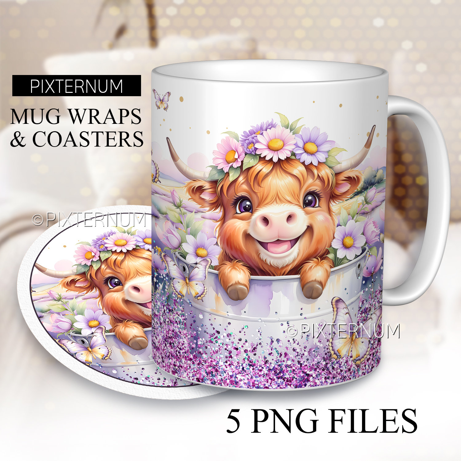 Highland Cow in a Bucket Wrap PNG, Farm Mug Sublimation Watercolor ...