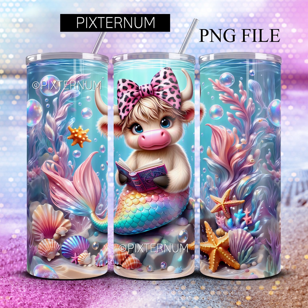 Pretty Highland Cow Mermaid 3D Tumbler Wrap PNG, Seamless Ocean ...