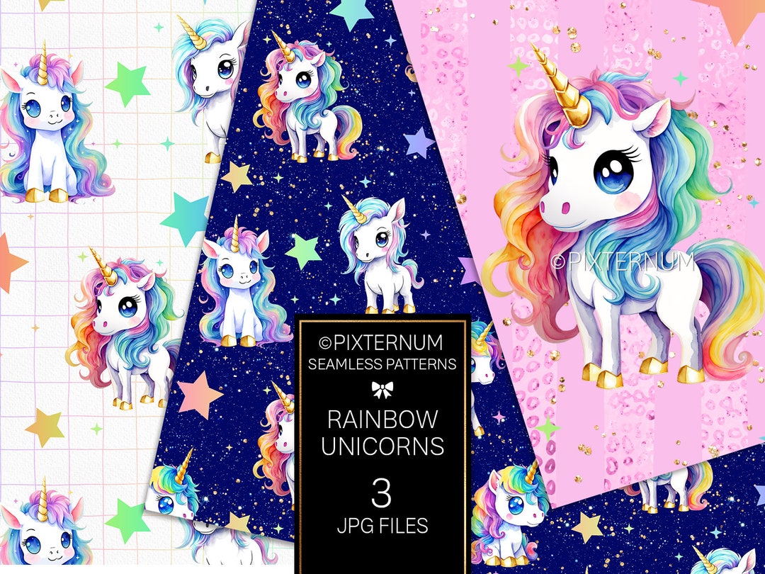Unicorns Seamless Patterns Pack, Cute Watercolor Unicorn Rainbow ...