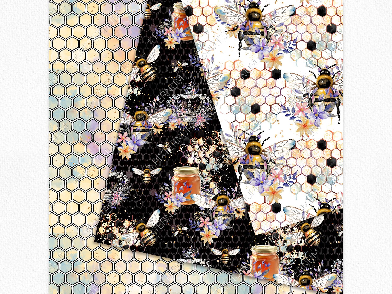 Honey Bee Seamless Patterns, Watercolor Bee Digital Papers Pack by Pixternum, Spring Fabric ...