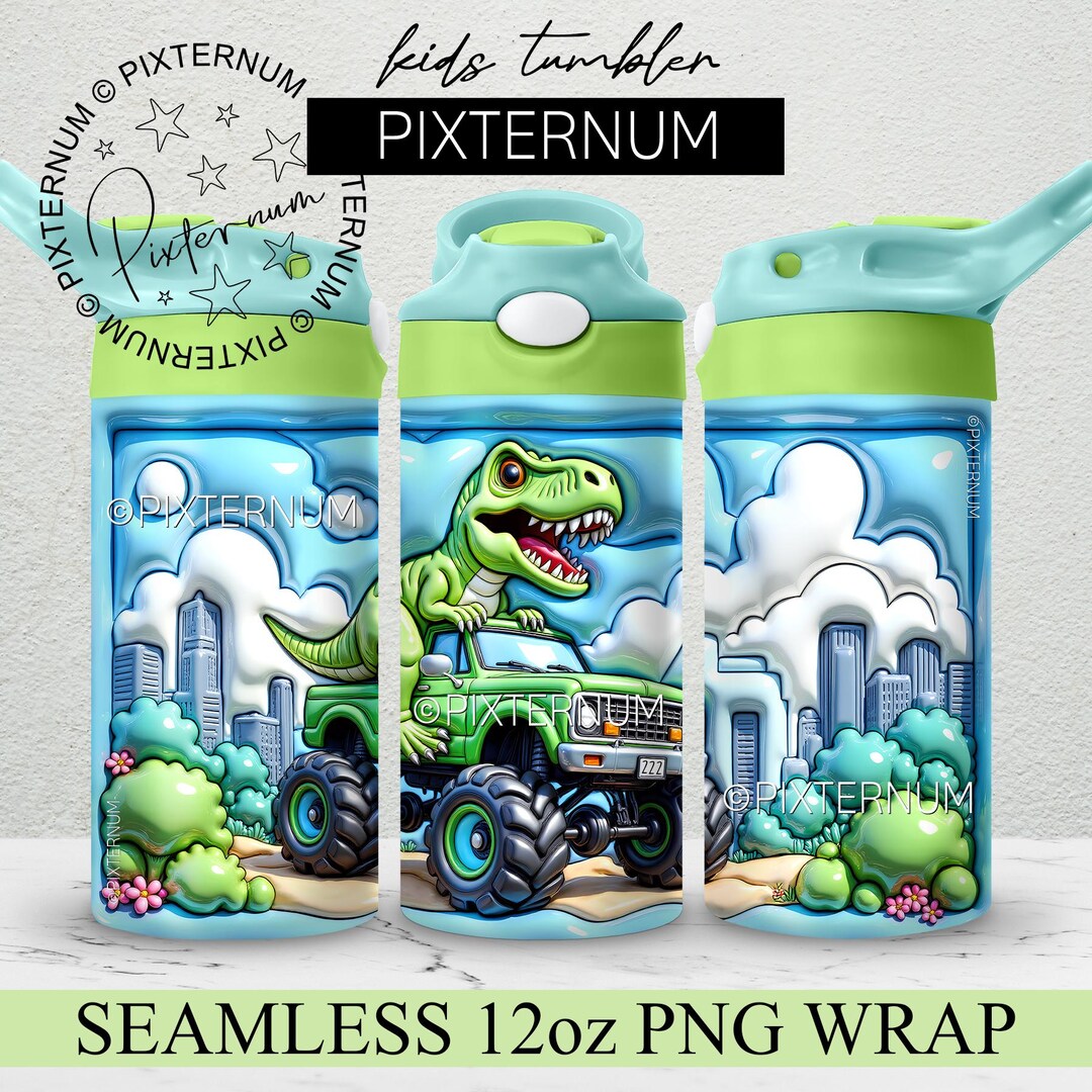 Dinosaur T-rex and Truck 3D Inflated Puffy Kids Tumbler Wrap PNG, 12oz ...