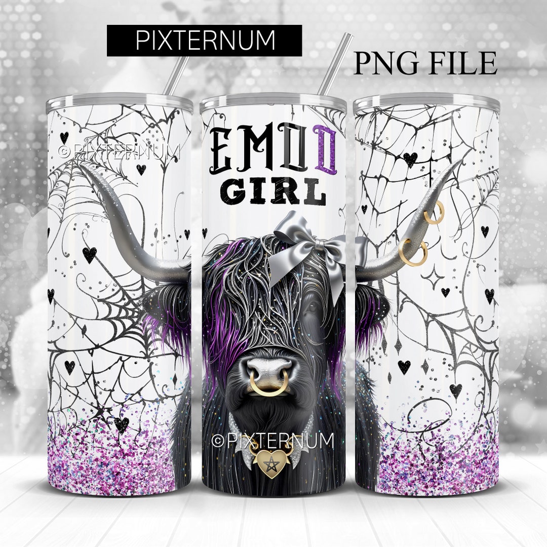 Funny Emo Highland Cow 20oz Skinny Tumbler Wrap, Punk Gothic Girl ...