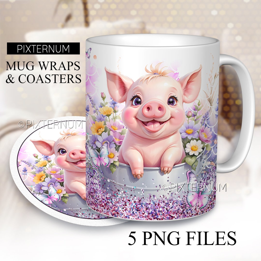 Cute Baby Pig in a Bucket Wrap PNG, Farm Mug Sublimation Watercolor ...