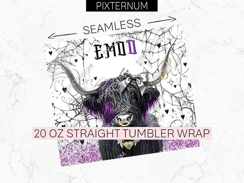 Funny Emo Highland Cow 20oz Skinny Tumbler Wrap, Punk Gothic Girl ...