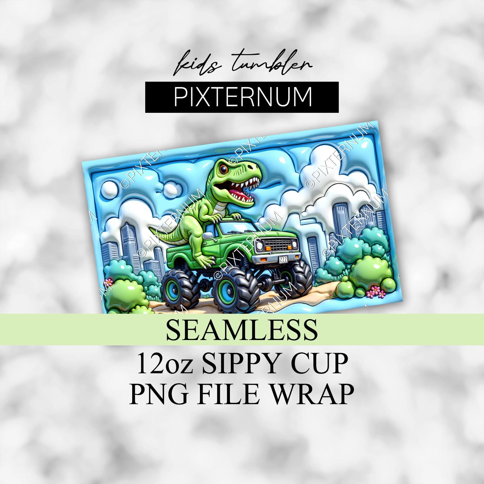 Dinosaur T-rex and Truck 3D Inflated Puffy Kids Tumbler Wrap PNG, 12oz ...