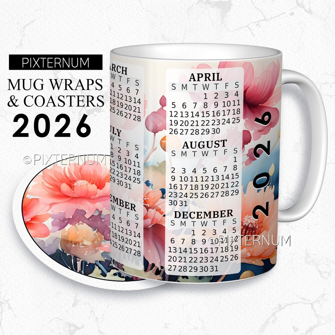 2026 Calendar New Year Wrap PNG, Mug Sublimation Watercolor Design ...