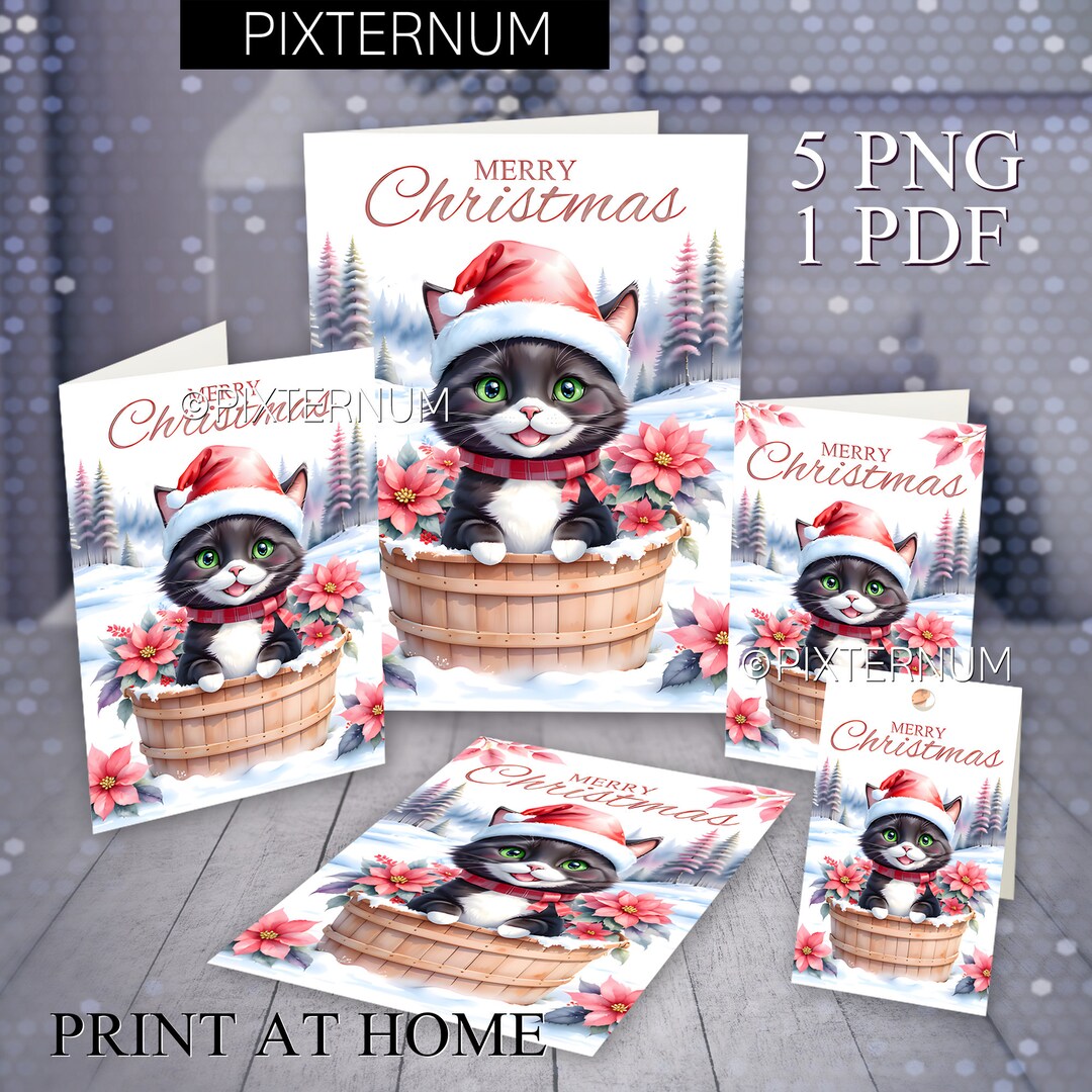 Printable Christmas Greeting Card Templates Cat Kitten - Etsy