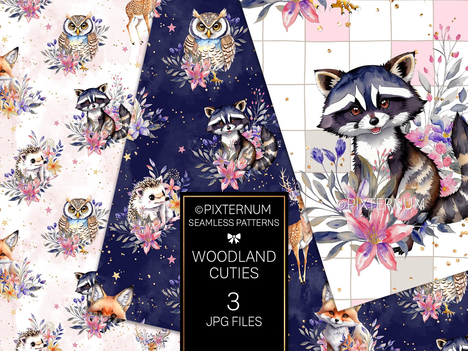 Cute Woodland Animals Seamless Patterns Pack, Watercolor Animals ...