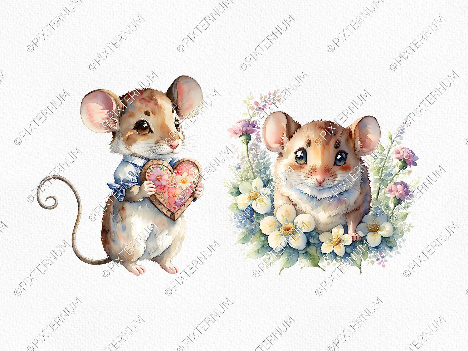 Romantic Mice Clip Art Pack Cute Watercolor Mouse Clipart by - Etsy