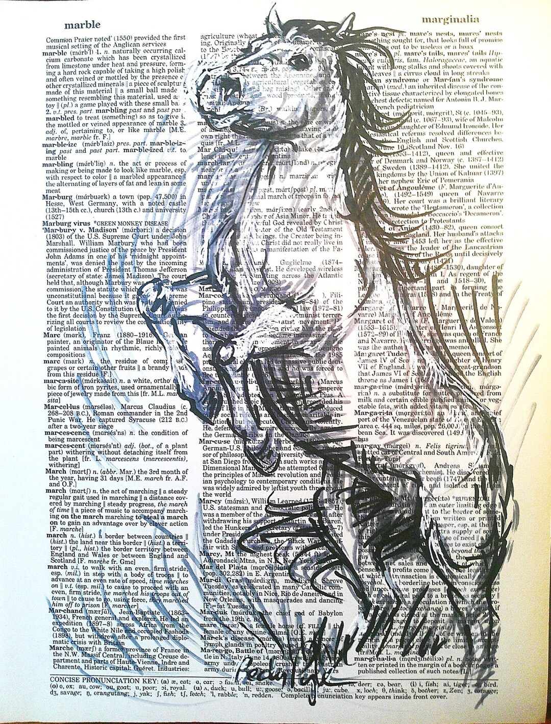 HORSE DICTIONARY ART Original Horse Drawing on Vintage Dictionary Page ...