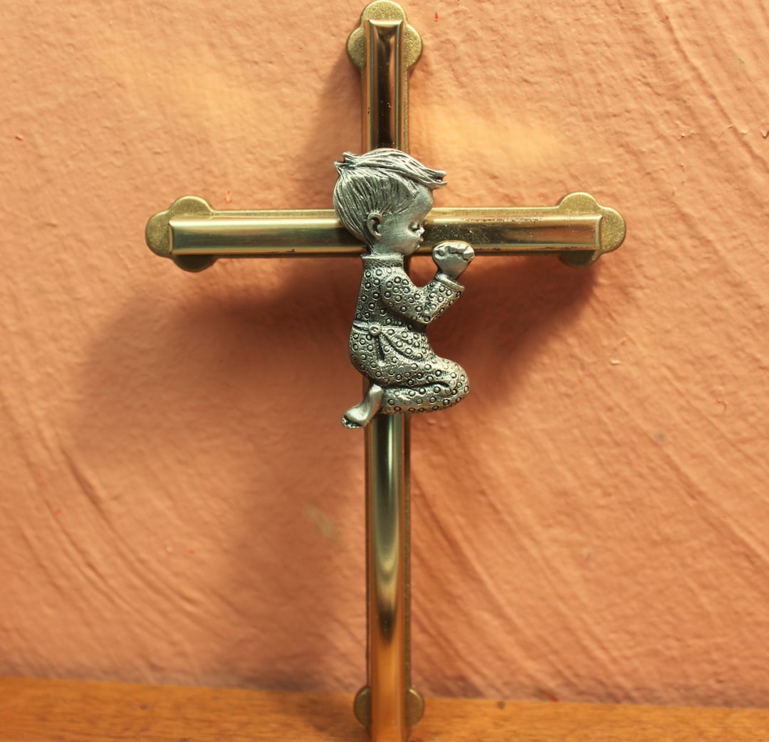 CHILDS' GOLDEN CROSS Gold Tone Metal Christian Cross Little Kneeling ...
