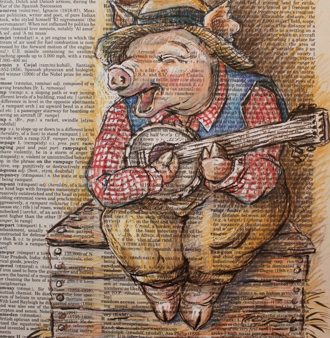 ORIGINAL DICTIONARY ART, Singing Pig, Anthropomorphic Art, Kid's Room ...