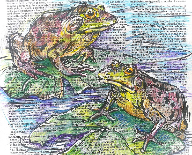 FROG DICTIONARY ART Original Drawing of Two Frogs on Vintage Dictionary ...
