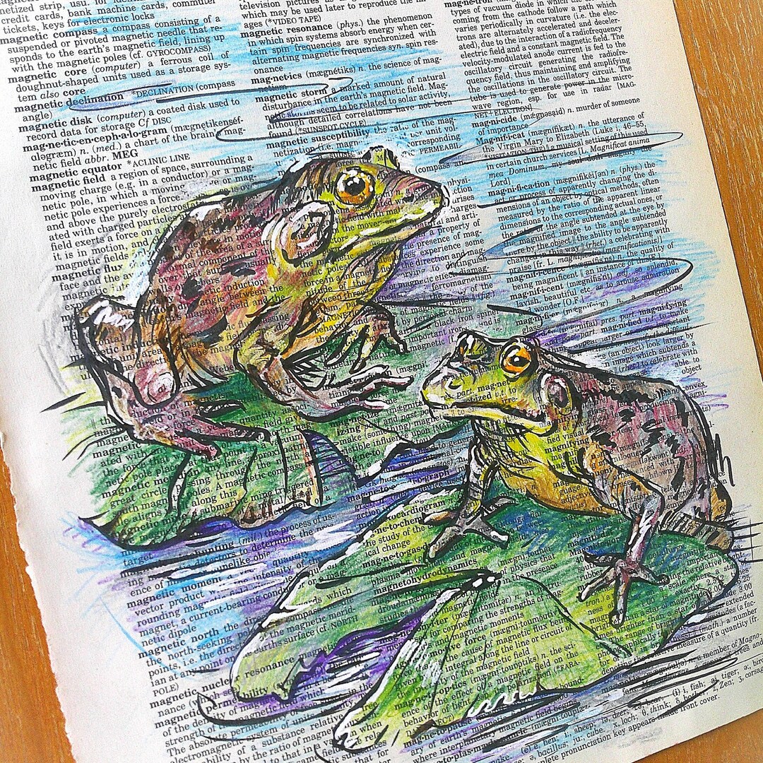 FROG DICTIONARY ART Original Drawing of Two Frogs on Vintage Dictionary ...