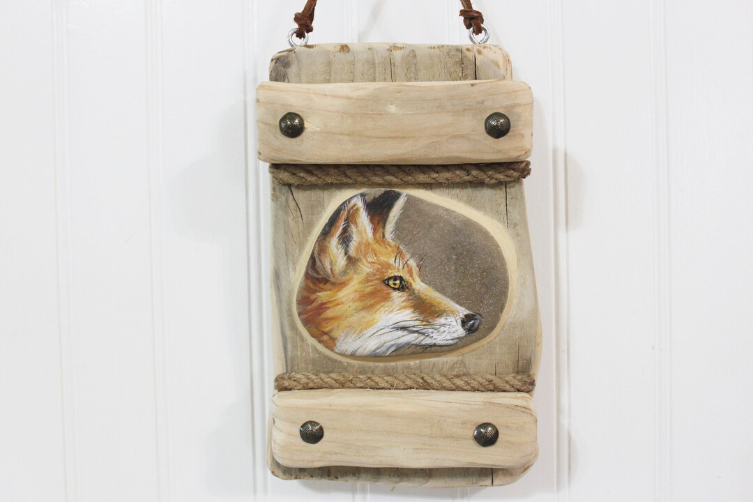FOX PAINTING on STONE, Hemlock Wood Mounted, Rustic Cabin Decor ...