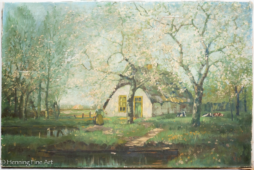 Beautiful Antique Scandinavian Oil Painting Cottage Landscape Milk Maid ...