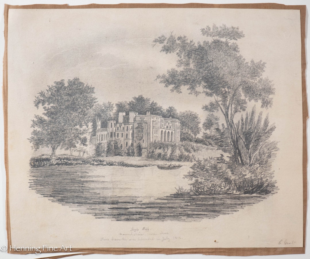 Beautiful Antique English Pencil Drawing of Guy's Cliffe House Warwick ...