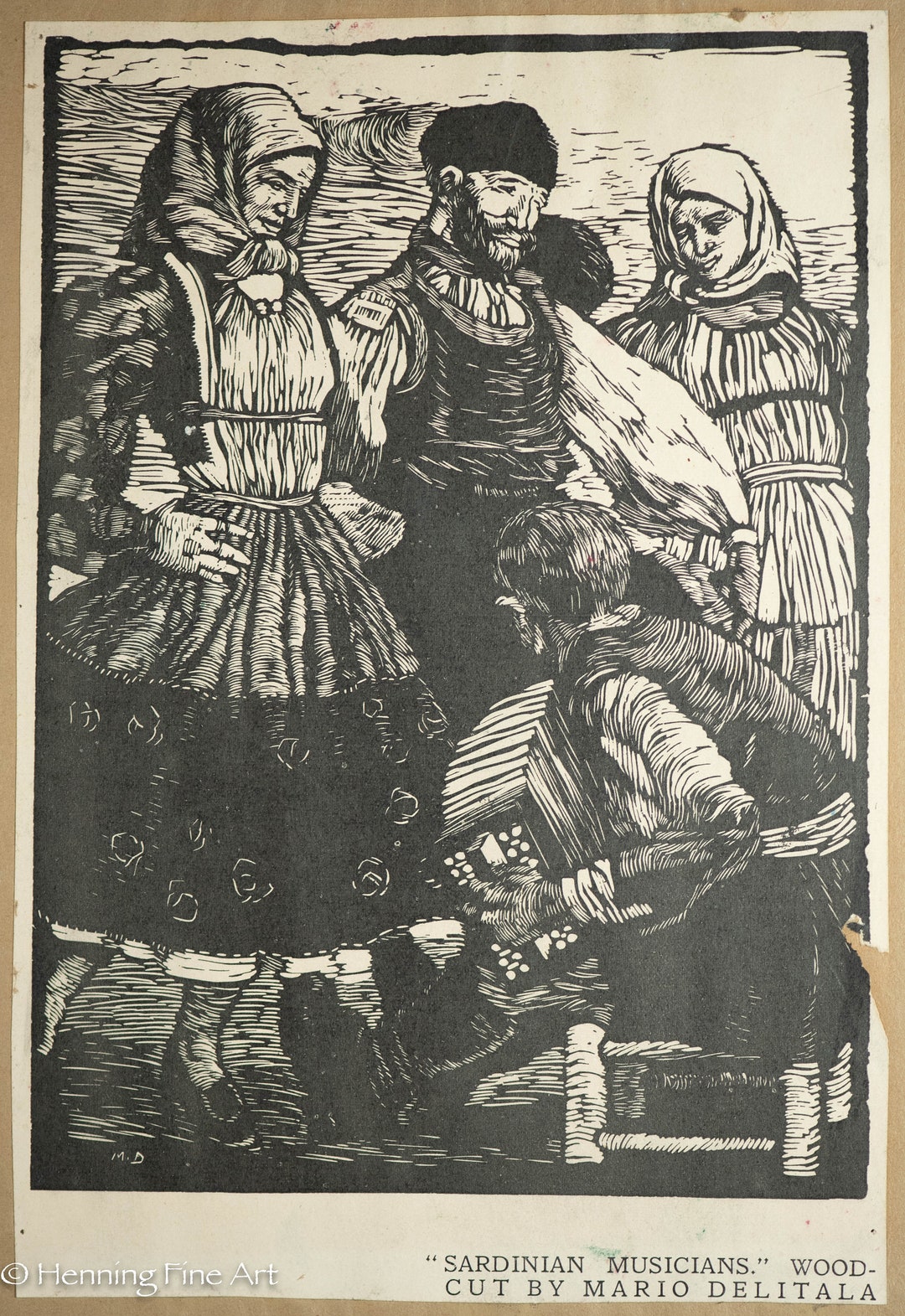 Beautiful Vintage Mario Delitala Woodcut Sardinian Musicians Rare ...
