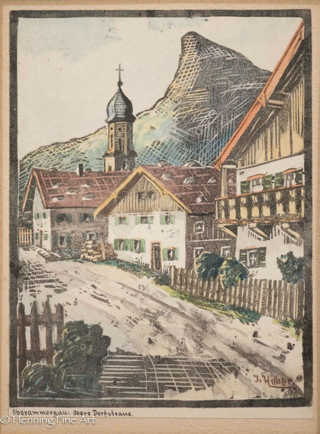 Beautiful Vintage Signed German Woodblock of Dorfstresse Germany ...