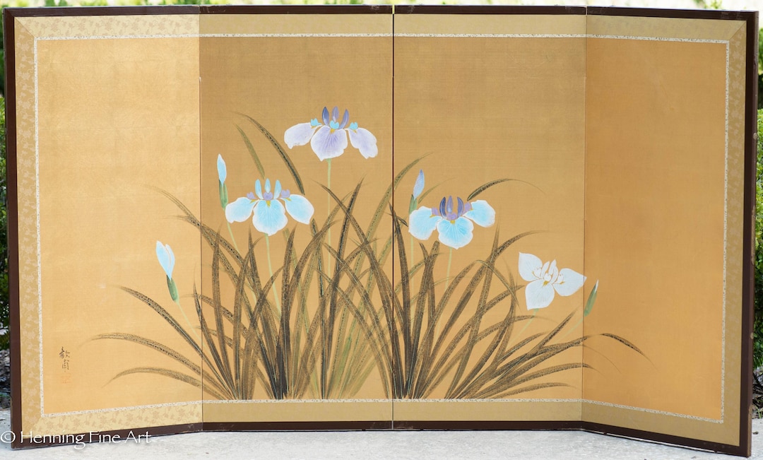 Beautiful Vintage Painted Asian Folding Silk Screen Purple Iris Flowers ...